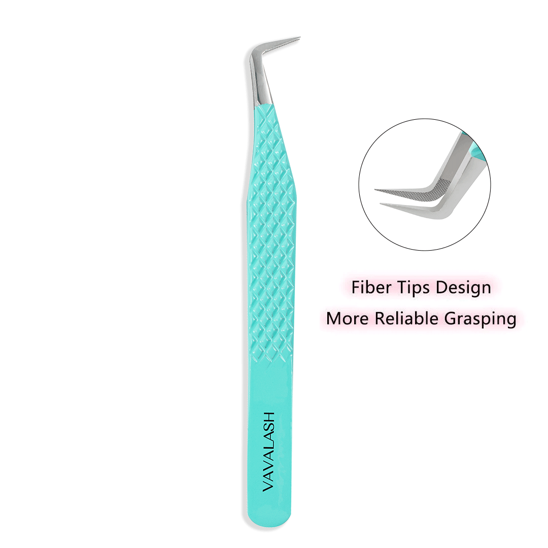 VG-02 Fiber Tip Blue Coated Curved Tweezers for Volume Lashes